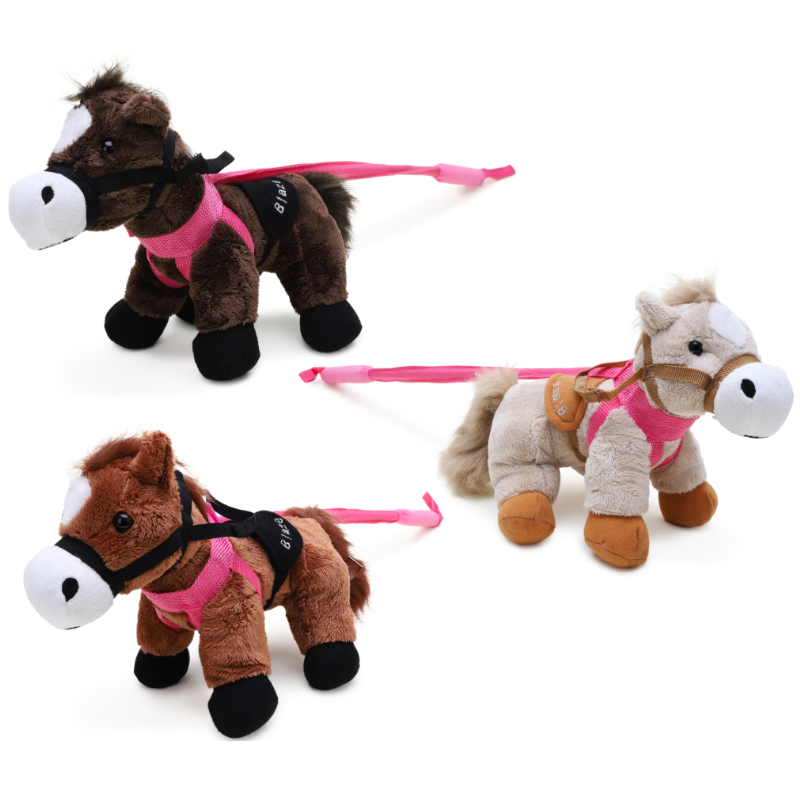 Pack Of 3 - 32cm Plush Pony Soft Toys On Pink Lead - Farmyard ...