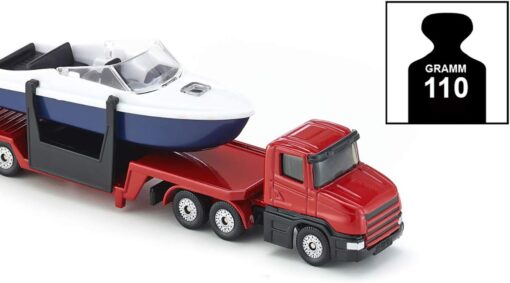 siku 1613, Low Loader with Boat, Metal/Plastic, Red/Blue/White, Opening stern flap, Floatable ...
